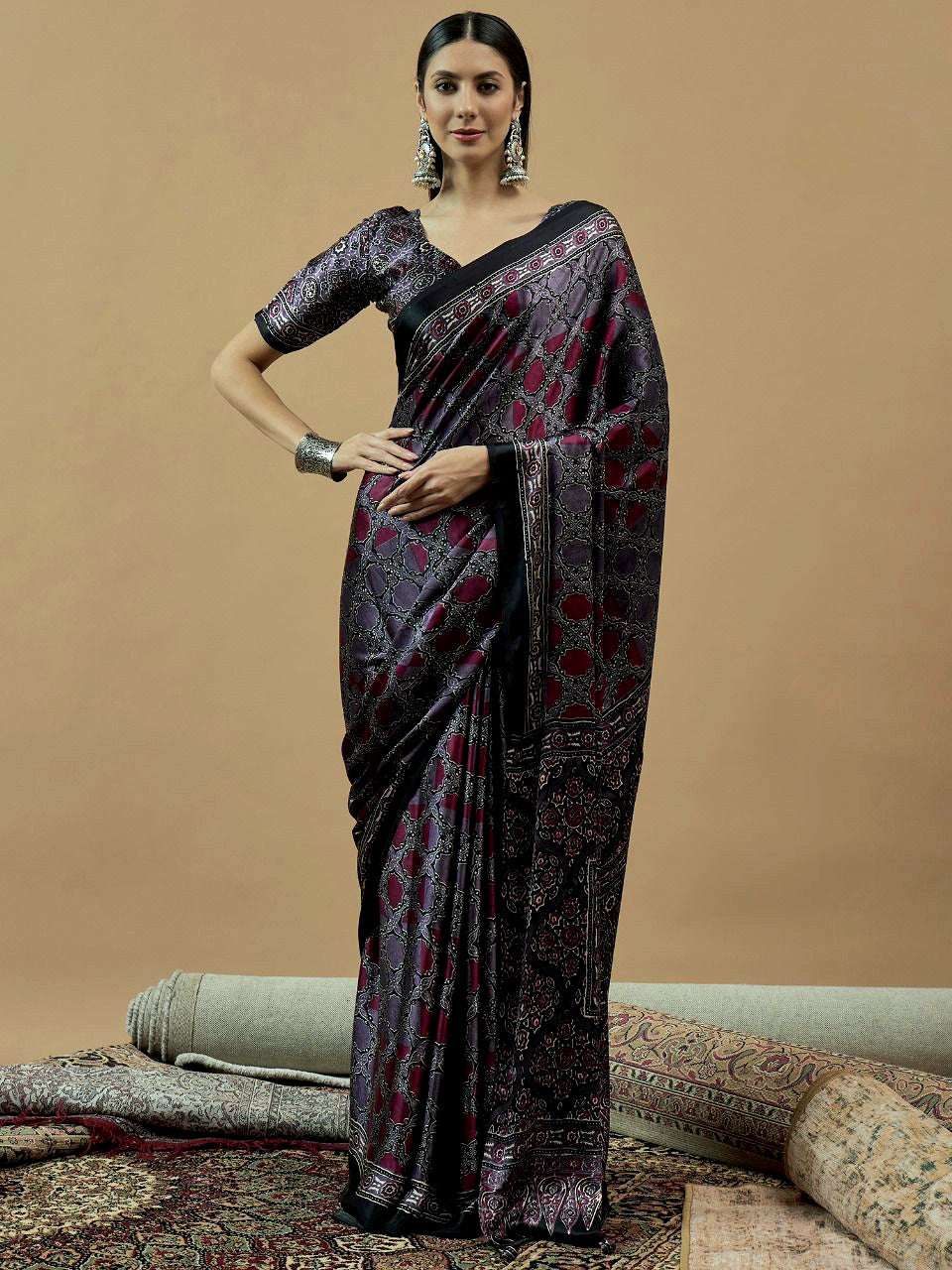 740003 Traditional Ajrakh Print Semi Modal Silk Saree - Purple – Chitra Apparels