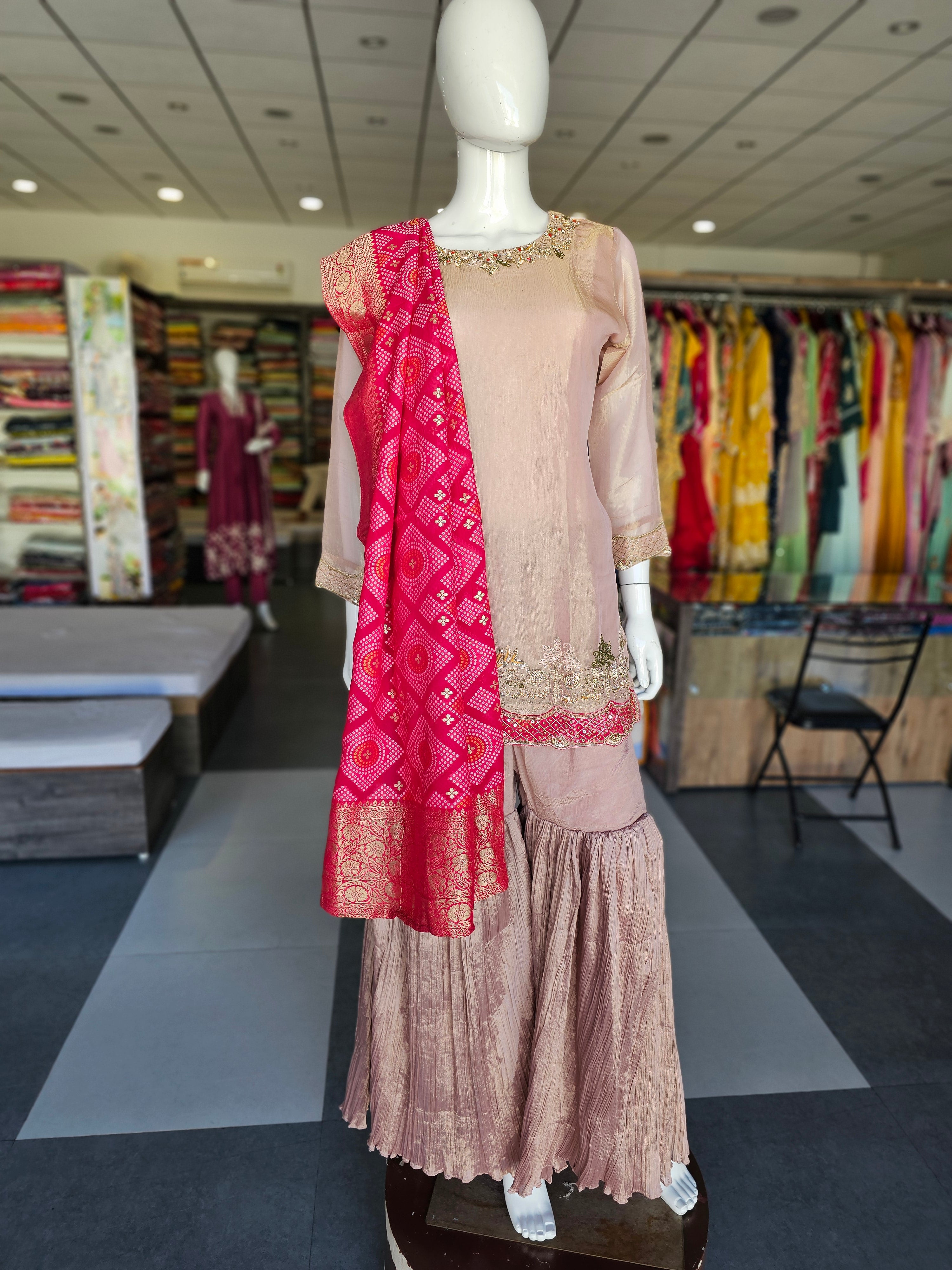 1976 Pure Crush Tissue Silk Short Kurti with Sharara and Banarasi Band ...