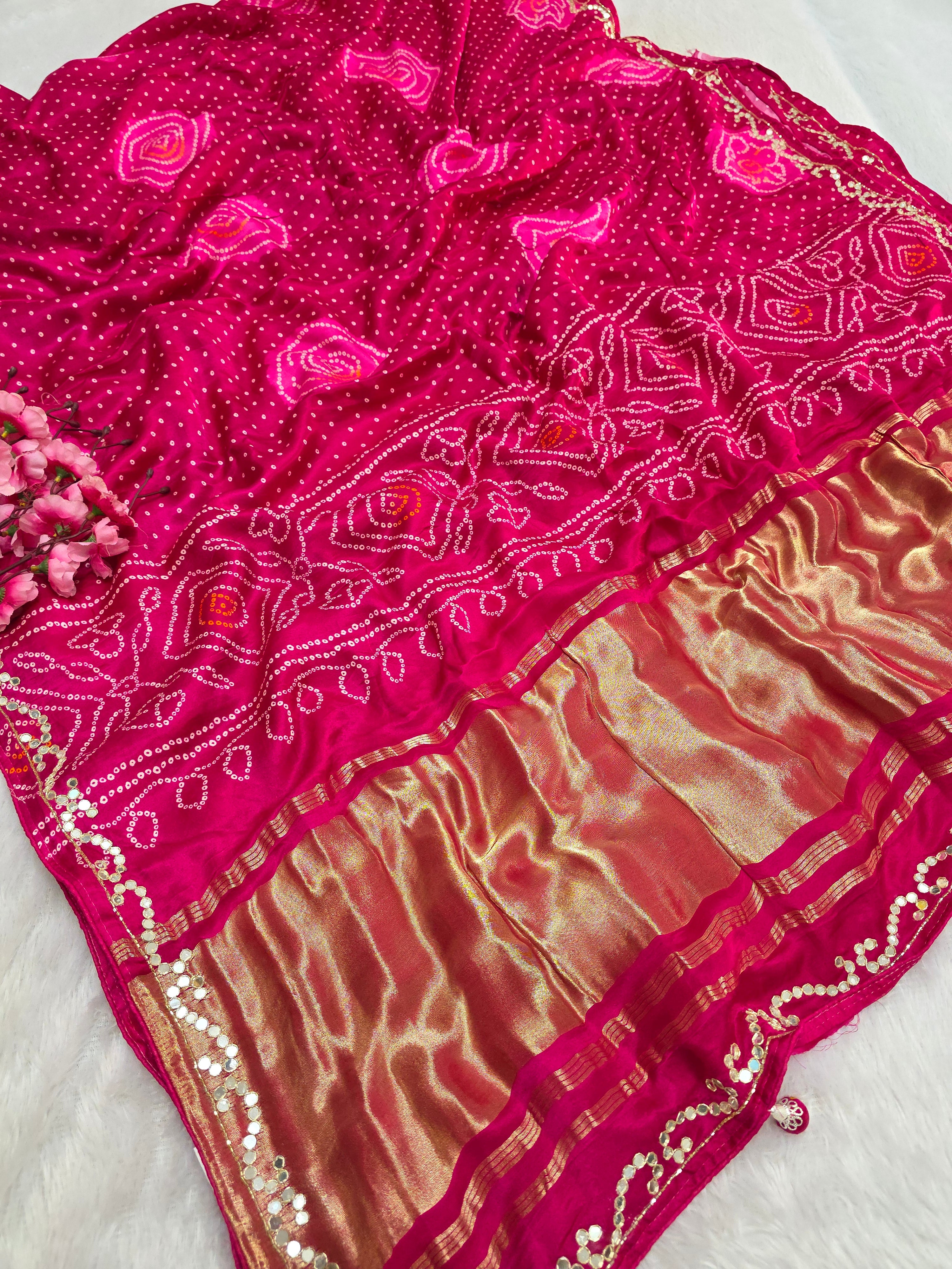 820002 Rani and Pink Laddu Bandhani Gajji Silk Saree with Gota Patti W ...