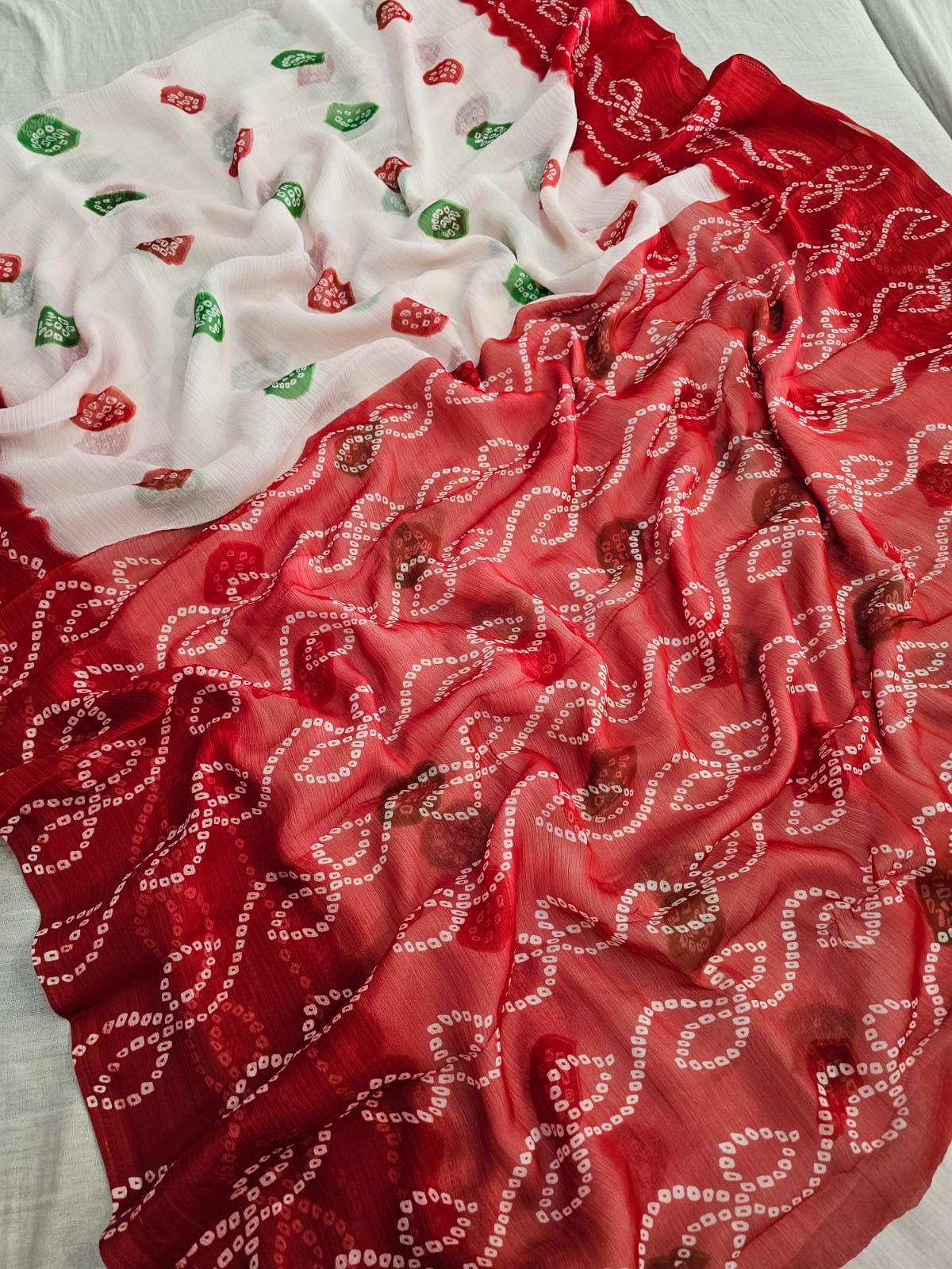 Chitra Faag Special Semi Chiffon Red White Bandhani Saree 749006 ...