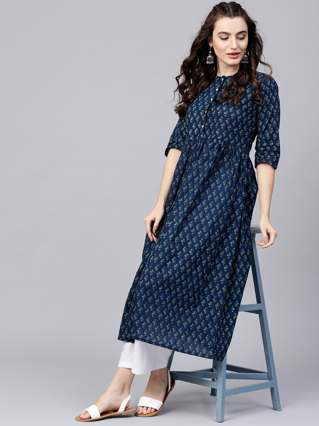 887003 Small Flower Print A-line Soft Cotton Kurti with Comfort Pant ...