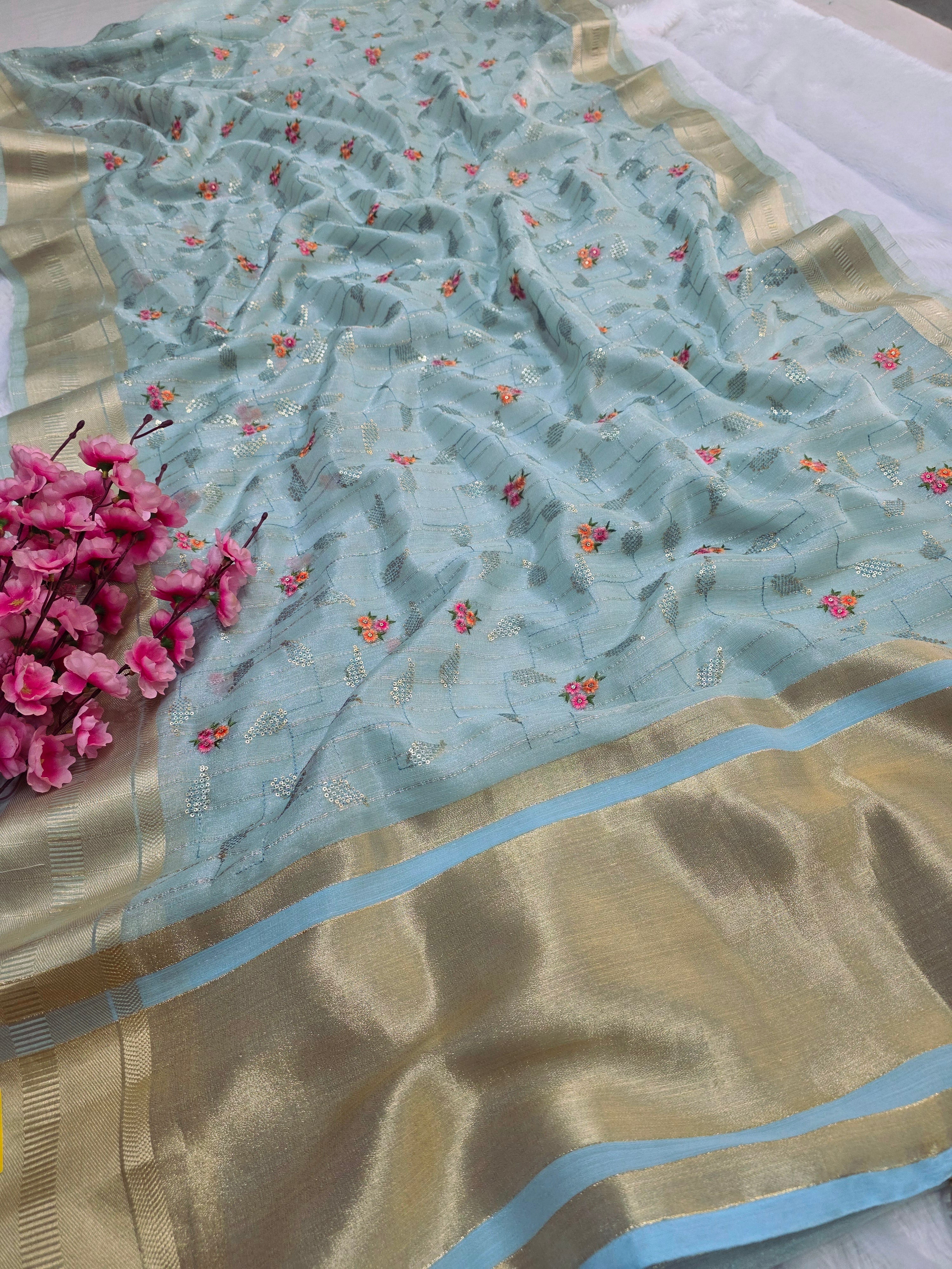 785007 Linin Tussue Saree With Resham and Sequence Work – Chitra Apparels